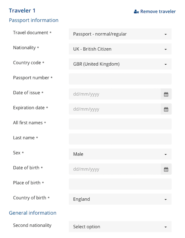 The eTA form for traveling to Canada